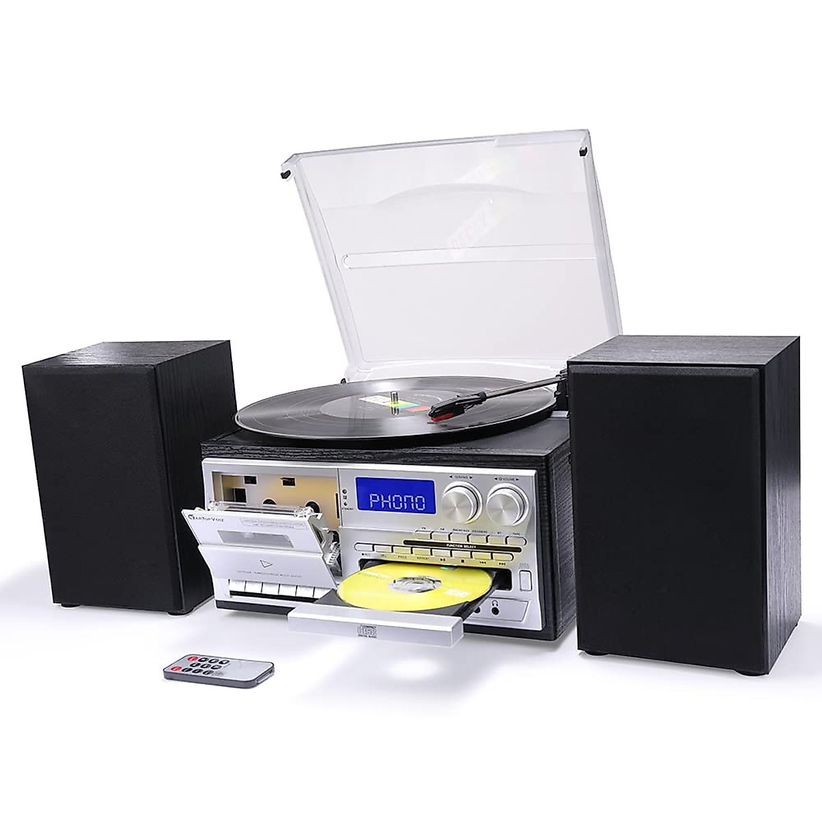 Gartopvoiz Bluetooth Vinyl Record Player, 3 Speeds All in 1 LP Turntable with External Stereo Speakers, CD Player Cassette AM/FM Radio USB/SD Encoding & Playing Phonograph