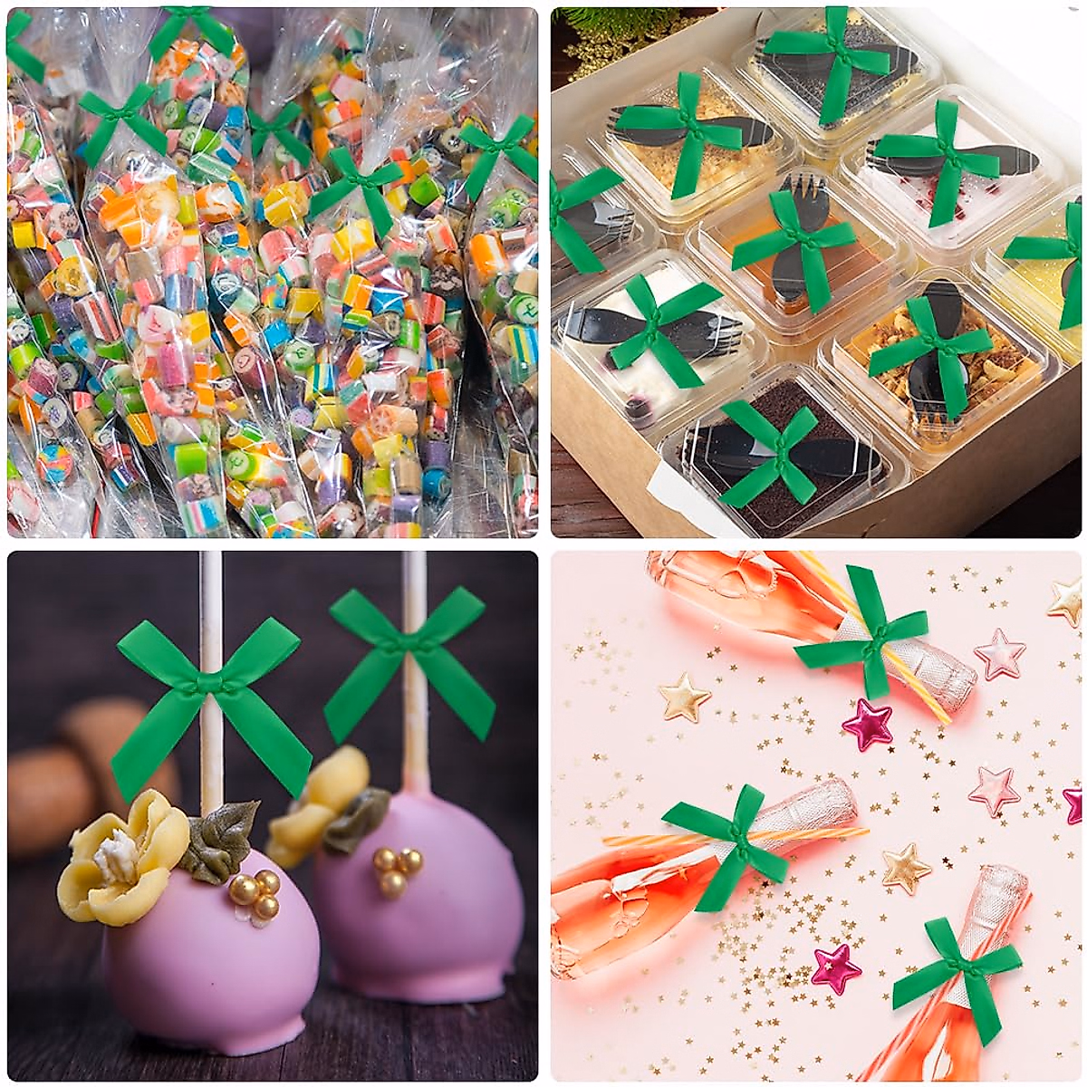 50 Pack Green Twist Tie Bow, Satin Ribbon Bows Small Bows for Crafts, Mini Bowties Bowknot for Gifts DIY Decorations Treat Bags, Gift Wrap Bags, Bakery Cookie Candy Bags Party Favors Packaging Bows