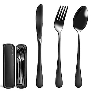 Portable Utensils Set with Case, 4pcs Stainless Steel Reusable Silverware for Lunch Camping School Picnic Workplace Travel, Lunch Box Includ Fork Spoon Knife,Easy to clean,Dishwasher Safe(Black)