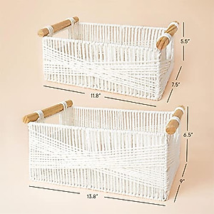 LA JOLIE MUSE Wicker Storage Baskets for Organizing, Recyclable Paper Rope Basket with Wood Handles, Decorative Hand Woven Basket Organizers for Makeup Books Shelves Living Room, White, Set of 2