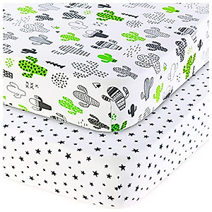 Handywa - 100% Cotton 2 Pack Fitted Crib Sheet Set for Baby and Toddler Bed Mattresses - Green Cactus and Black Stars for Boy or Girl Nursery