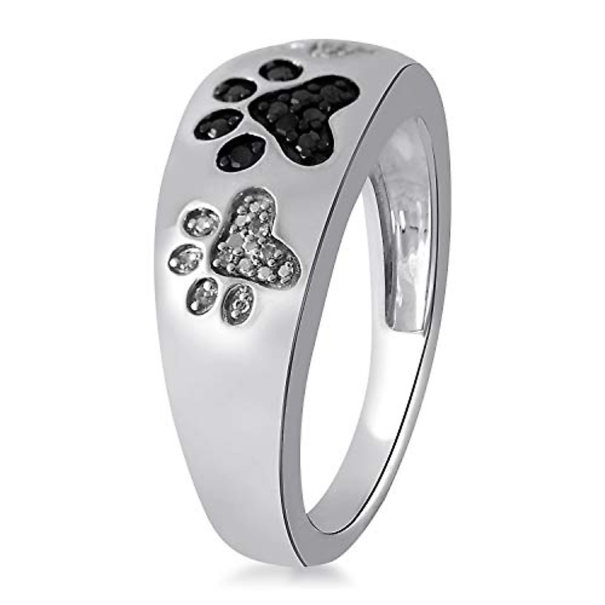 Jewelili Sterling Silver Treated Black and Natural White Round Diamonds Paw Ring, Size 7