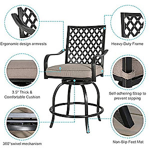 Iwicker Patio Swivel Bistro Chairs, Outdoor Steel Frame Counter Height Stools with 100% Polyester Cushion, Set of 2