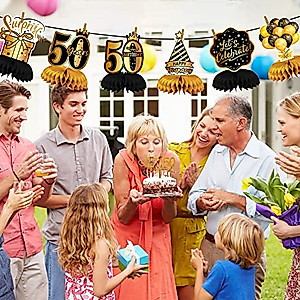 50th Birthday Centerpieces for Tables, Black Gold Happy 50th Birthday Honeycomb Table Decorations with Cake Topper, 50th Birthday Table Centerpiece for Men Women Cheers to 50 Years Party Table Sign