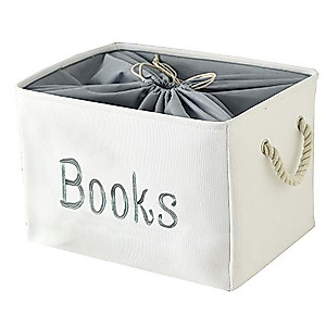 INough Book Basket for Kids Room, Book Storage Box Shelf Organizer for Kids Collapsible Book Bins with Drawstring Closure Baby Storage Bins Book Storage Container for Nursery/Classroom/Bedroom/Living room, for Magazines/Cartoon Book Reading(Large, Books)