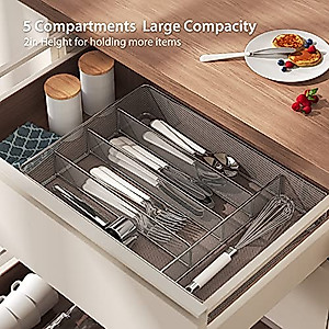 Pipishell Mesh Cutlery Tray 5 Compartments Silverware Drawer Organizer Kitchen Utensils Flatware Storage Drawer Dividers Holder with No-Slip Foam Feet for Knives Fork Spoon and Office Supplies