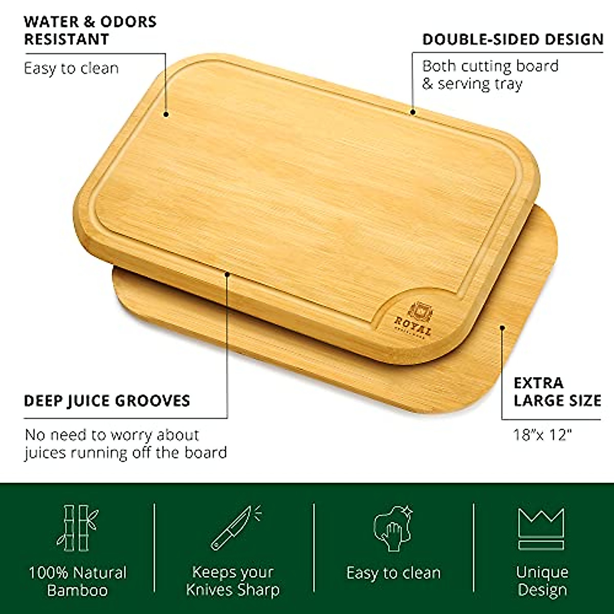 Large Wooden Cutting Boards for Kitchen Meal Prep & Serving - Bamboo Wood Cutting Board with Deep Juice Groove - Charcuterie & Chopping Butcher Block for Meat - Kitchen Gadgets Gift (L 18x12")