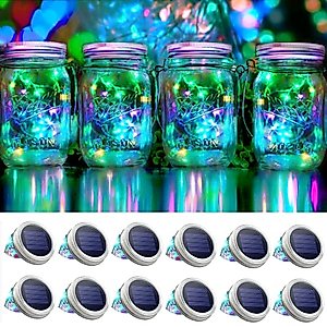 30 LED 12 Pack Mason Jar Solar Lights Outdoor Colorful Solar Mason Jar Lid String Fairy Lights Hanging Lights for Patio Yard Garden Wedding Decorations[No Jar+12 Hangers]
