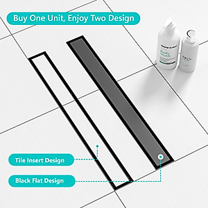 Neodrain 24-Inch Linear Shower Drain,with 2-in-1 Flat & Tile Insert Shiny Black Cover, Rectangle Shower Floor Drain, Floor Shower Drain with Adjustable Leveling Feet, Hair Strainer
