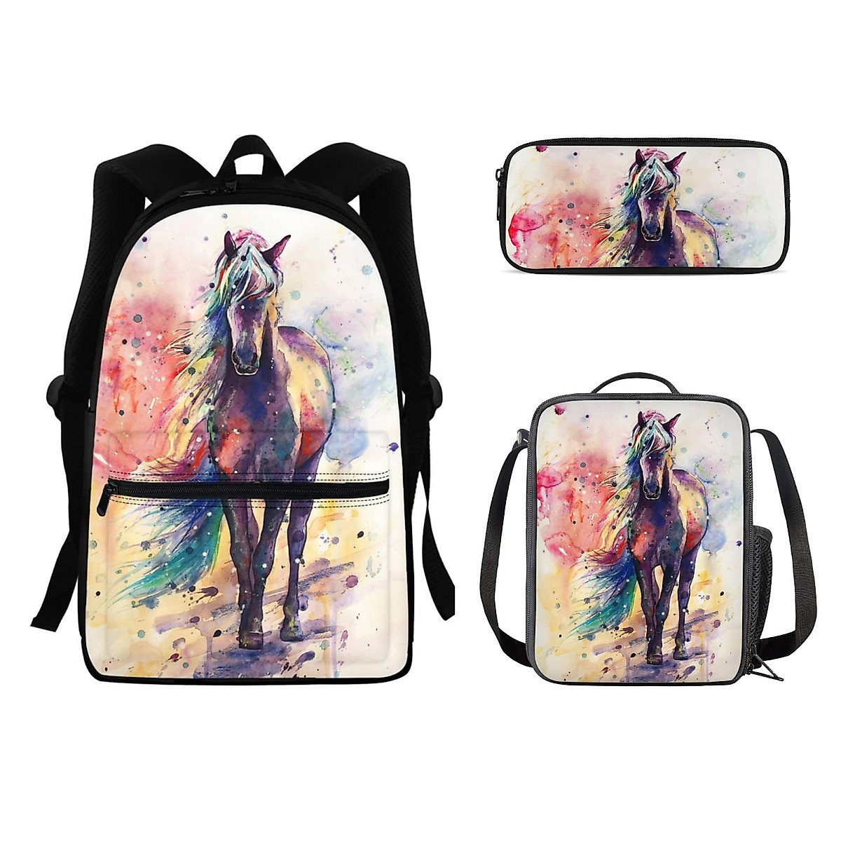 doginthehole Middle School Backpack School Bag for Kids Girls Boys, Lightweight Travel Daypack Bookbag Art Watercolor Horse Design Rucksack Lunch Box Pencil Bag, Set of 3