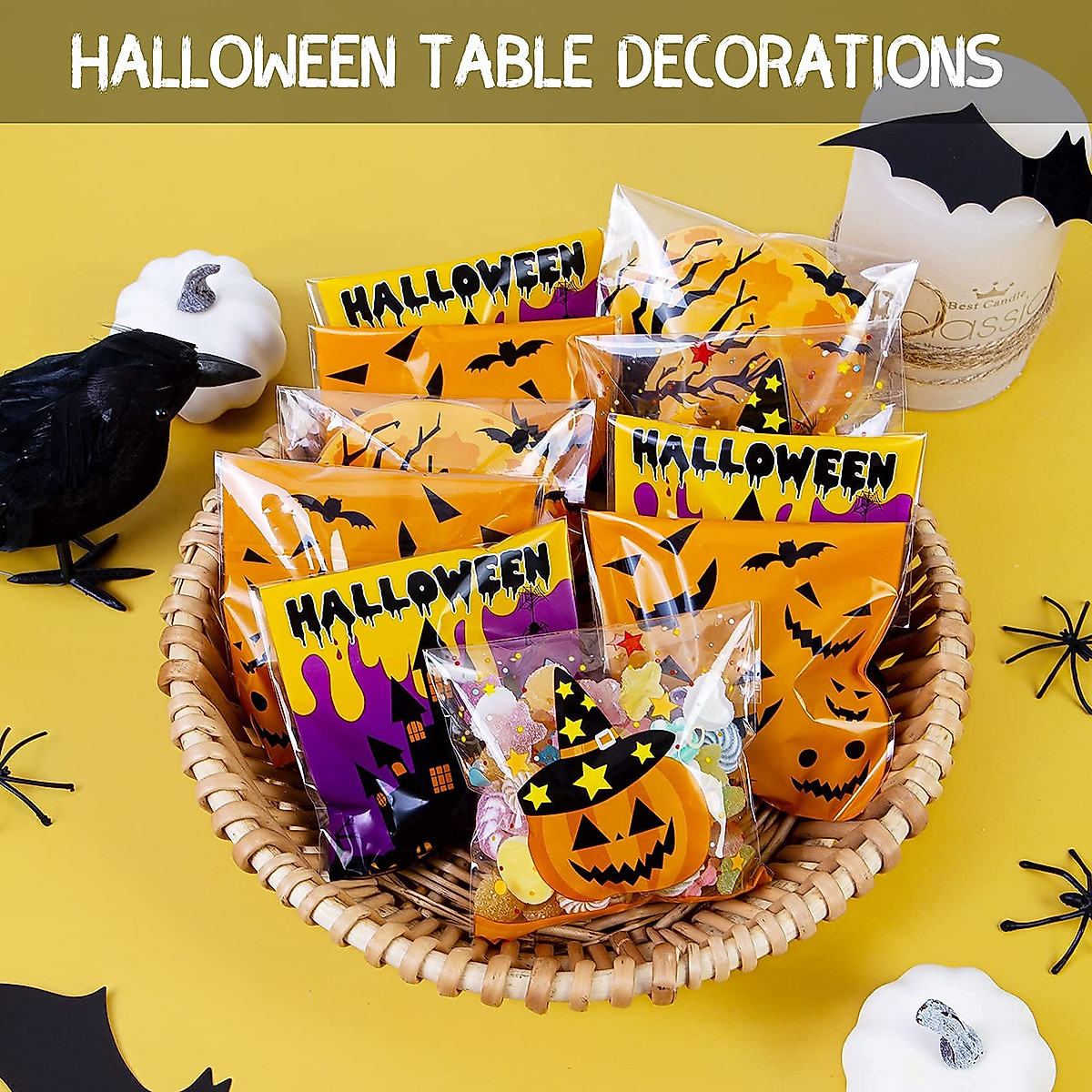 Eunvabir 160 PCS Halloween Cellophane Treat Bags, Halloween Self Adhesive Candy Goodie Cookie Snacks Gift Bags for Halloween Trick or Treat Party Favors/Classroom Prizes