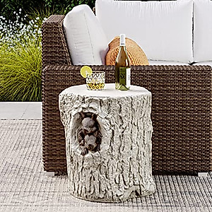 COSIEST Outdoor Antique Beige Side Table Faux Wood, Hand-Painted Wood Stump Stool w Sculpted Squirrel, Outdoor Accent Table, Ottomans, Plant Stand, Deck or Garden