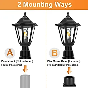 FUDESY Outdoor Post Light, Exterior Lamp Post Light Fixture with Pier Mount Base, Waterproof Pole Lantern Lighting with E26 Socket, Matte Black Plastic Lamp for Garden Patio Pathway(Bulb Included)