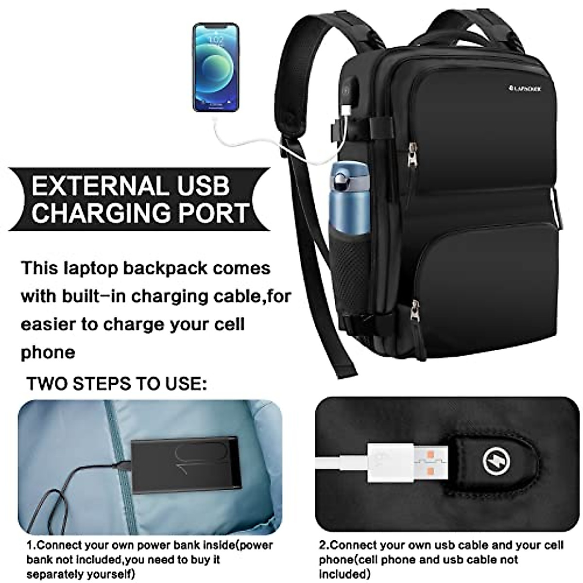 LAPACKER Travel Laptop Backpack Men Women,Business Anti Theft Carry On Backpacks with USB Charging Port Shoe Compartment Airline Approved,Water Resistant College Rucksack Fits 15.6 Inch Notebook,Black