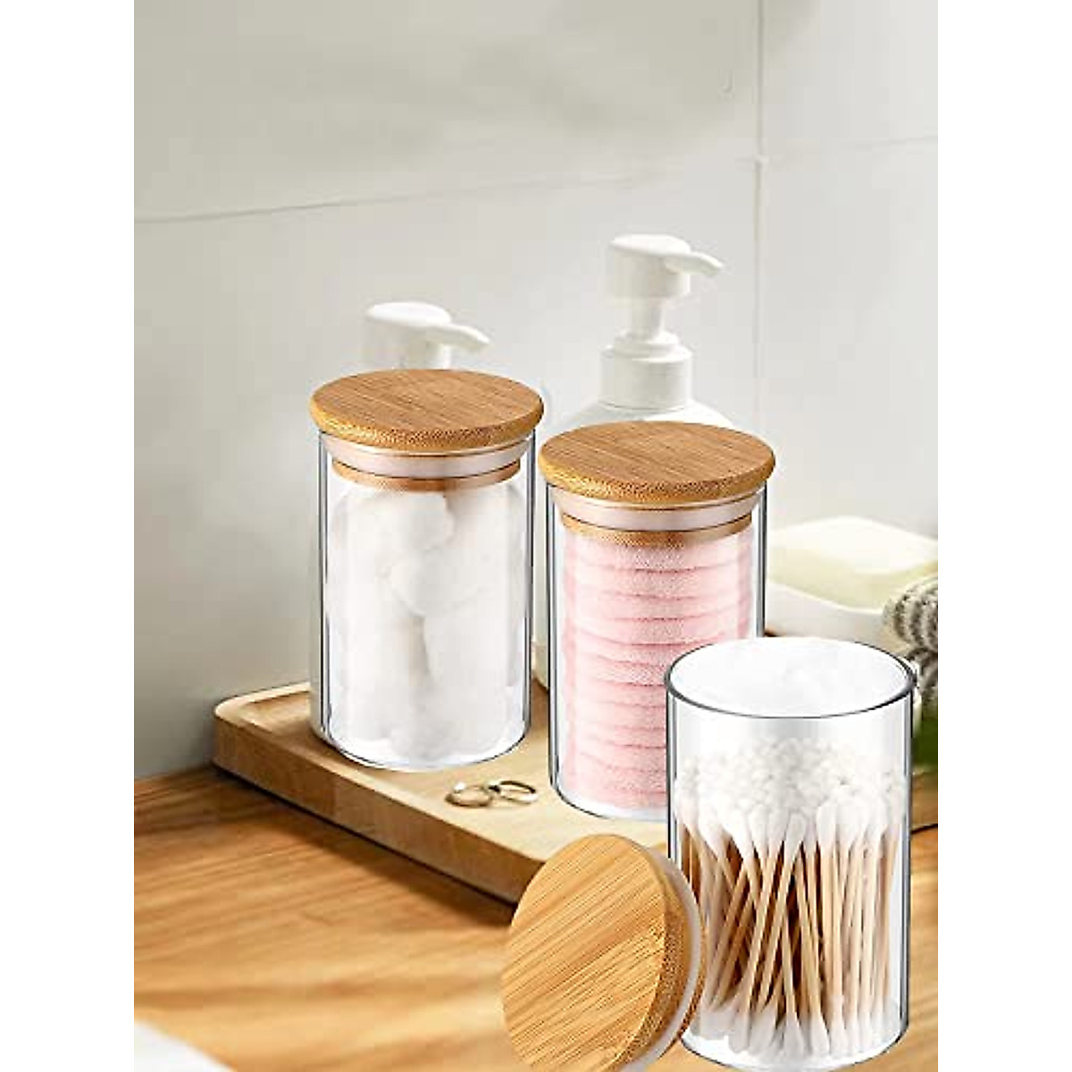 Dourami Qtip Holder for Cotton Ball,3 PCS,Cotton Swab,Apothecary Jars,Glass Bathroom Accessories,Bathroom Organizer Set With Bamboo Lid,Vanity Organizer And Storage,Vanity Makeup Organizer