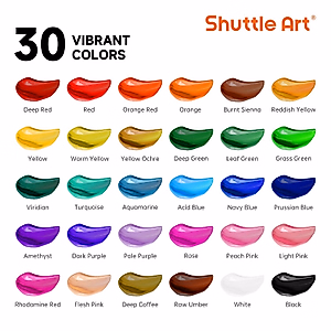 Shuttle Art 30 Colors Acrylic Paint Set, 36ml Tubes with 3 Brushes, Artist Grade Acrylic Paint, for Kids Adults Beginners, Painting on Crafts Canvas Wood Rocks