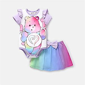 PATPAT Care Bears 2Pcs Baby Girl Clothes Bear Print Ruffle Short Sleeve Romper and Rainbow Ombre Skirt Set Ombre 6-9 Months