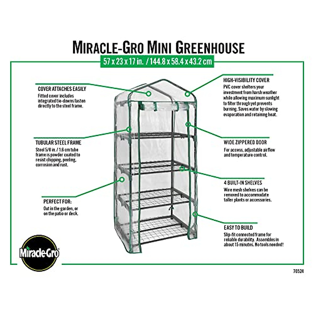 Miracle-Gro 23" x 17" x 57" All-Season 4-Tier Mini Grow House Outdoor or Backyard Easy Assembly Portable Greenhouse, Translucent