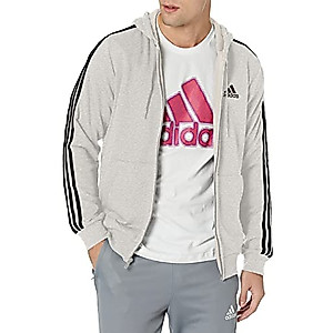 adidas Men's Essentials French Terry 3-Stripes Full-Zip Hoodie, Medium Grey Heather/Black