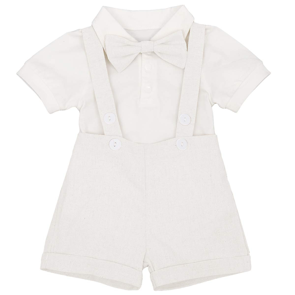 Baby Boys Formal Suit Gentleman Bowtie + Summer Short Sleeve Romper + Suspenders Shorts Button Bib Pants Wedding Tuxedo Outfits 1st/2nd Birthday Cake Smash Christening Clothes 3pcs Set White 0-6M