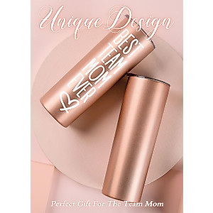 Onebttl Team Mom Gifts for Women, 20oz Skinny Tumblers, Base Ball Soccer Basket Ball Soft Ball Mom Gifts, Rose Gold, Best