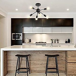 ANWIO Sputnik Chandeliers 6-Light, Semi Flush Mount Vintage Classic Industrial Ceiling Light, Modern Hanging Pendant Lighting for Kitchen Island Dining Room Hallway, Black