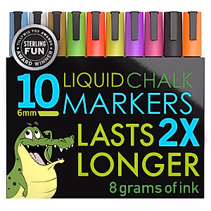 Crafty Croc Liquid Chalk Markers, 10 Pack of Neon Chalk Pens, for Nonporous Chalkboards, Bistro Boards, Glass and Windows