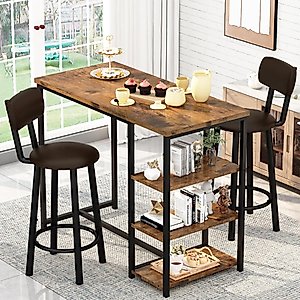 LTTROMAT Kitchen Dining Table Set for 2, Bar Table and Chairs Set with 3 Storage Shelves, Tall Dining Table with 2 PU Leather Backrest Stools for Small Space, Kitchen Island, Apartment, Brown