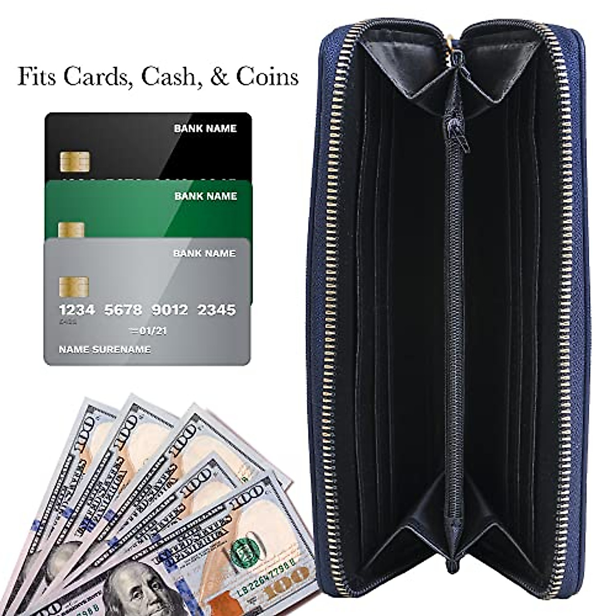 Rebecca & Rifka Women's Large Saffiano Vegan Leather Medallion Zip Around Multi Holder Organizer Wristlet Large Capacity Travel Clutch Wallet (Navy)