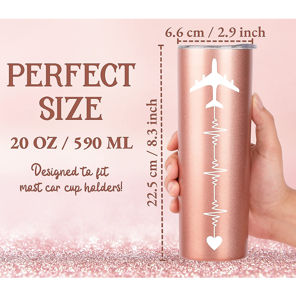Onebttl Unique Flight Attendant Gifts for Women, Female Cabin Crew Members - Birthday, Holiday, Christmas gifts for Flight Attendant - 20 oz SS304 Rose Gold Stainless Steel Tumbler with Lid and Straw