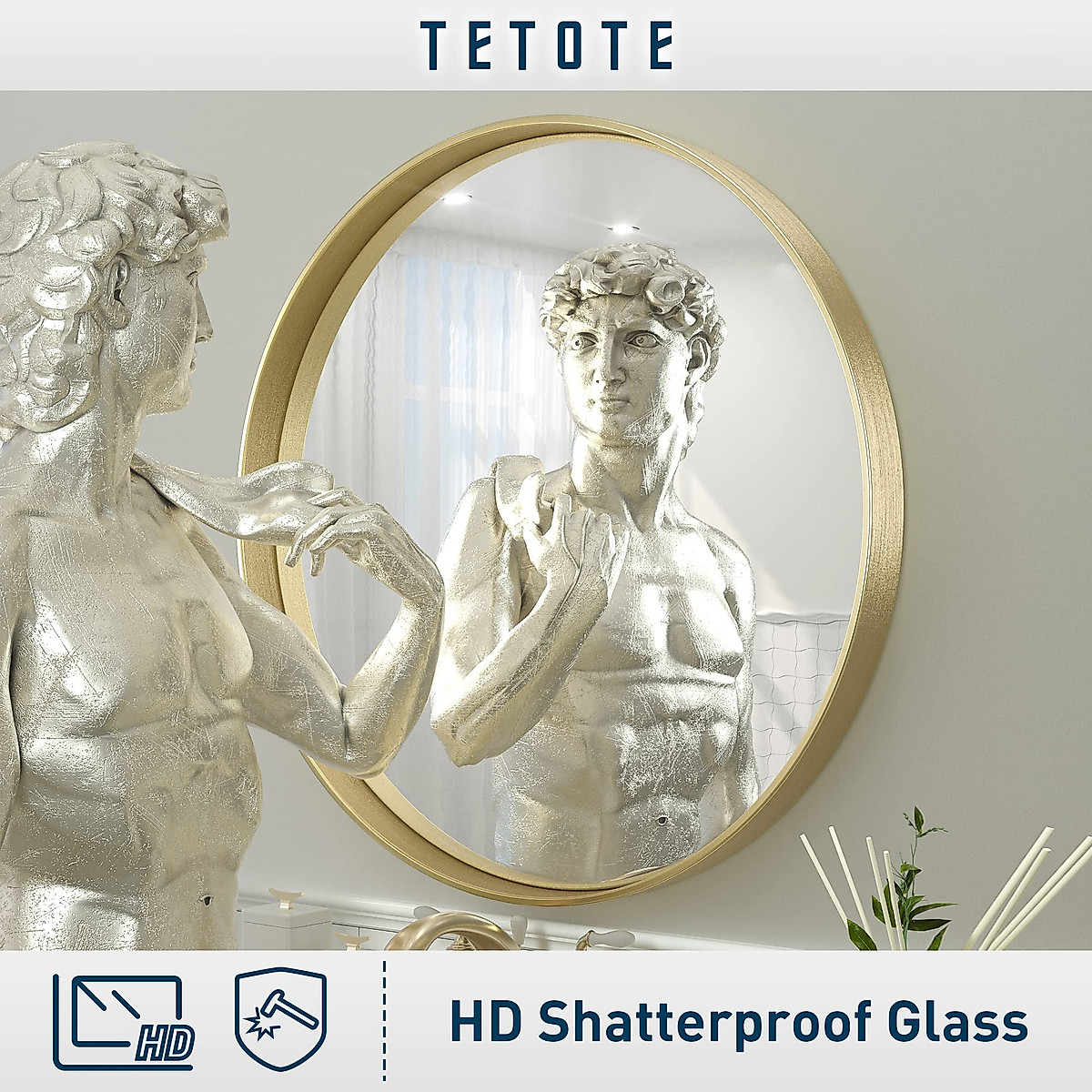 TETOTE Round Gold Bathroom Mirror, 30 Inch Circle Mirrors for Vanity, Champagne Gold Modern Brushed Metal Framed Wall Mounted Farmhouse Decorative Entryway Mirror Shatterproof