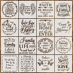 16 Pieces Inspirational Word Stencils Kit Motivational Stencil Reusable Phrase Word Template Family Sign Stencils for Painting on Wood, Porch, Front Door, Wall Home Decor(8x8Inch)