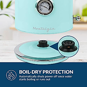 Nostalgia Retro Stainless Steel Electric Tea and Water Kettle, 1.7 Liters, Auto-Shut Off & Boil-Dry Protection, Water Level Indicator Window, Aqua