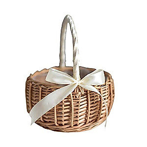 oAtm0eBcl Flower Basket Woven Hand-Held Wicker Decorative Picnic Storage Basket-Willow Handwoven Easter Basket White S