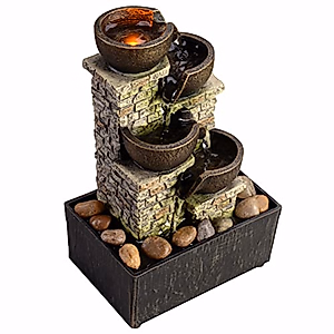 9.3 Inches 4-Tier Cascading Bowl Fountains Indoor Waterfall Fountain Relaxation Water Fountains Meditation Tabletop Fountain Artistic Desk Fountains with LED/Rocks Home/Office Decoration