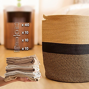 Cotton Rope Laundry Basket Hamper for Clothes, Cloth Bag, Woven Storage Basket for Living Room, Bedroom, Boho Tall Rope Baskets for Blanket, Toys, Pillow, Towels, Baby Nursery Hamper (Black and Beige)