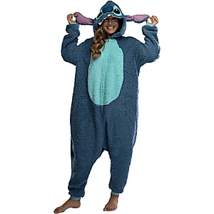 Disney Lilo & Stitch Adult Stitch Kigurumi Cosplay Costume Sherpa Union Suit Pajama Outfit (S/M) Blue