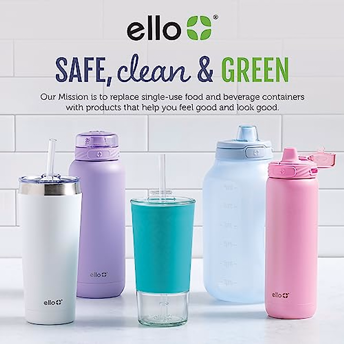 Ello Cooper Vacuum Insulated Stainless Steel Water Bottle with Soft Straw and Carry Loop, Double Walled, Leak Proof, Yucca, 32oz