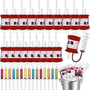 Jerify 36 Pcs Blood Bag Set 20 Pcs IV Bags Pouches 15 Pack Jelly Syringes and Injection Syringe for Halloween Gag Gift Graduation Zombie Vampire, Reusable Party Cups Container