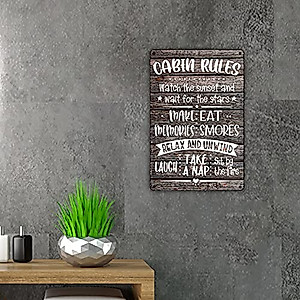 QIONGQI Funny Cabin Rules Metal Tin Sign Wall Decor, Farmhouse Wooden Style Cabin Sign for Home Decor Gifts