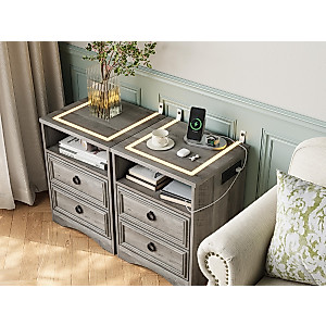 Nightstand with Strip Lights,USB Outlets Set of 2, Night Stand with Drawers, Accent Bed Side Table and End Table with Open Storage for Bedroom, Living Room,Gray