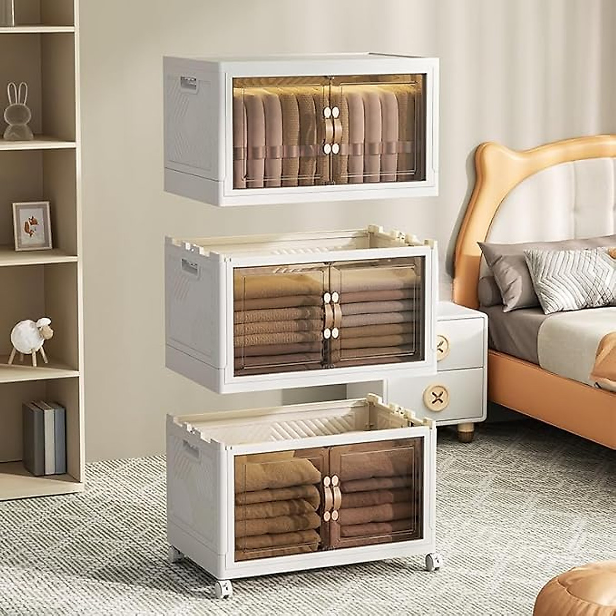 JH Spracely 5 Layer 203 Gallon Collapsible Storage Bins with Lids and Wheels, Large Stackable Plastic Organizer Bins for Closet and Office, Folding Storage Boxes with Open Front Door,for 8+ Years