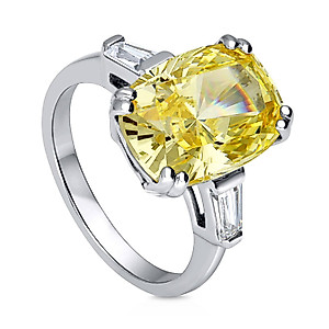 BERRICLE Sterling Silver 3-Stone Canary Yellow Cushion Cut Cubic Zirconia CZ Statement Cocktail Fashion Anniversary Ring for Women, Rhodium Plated Size 6