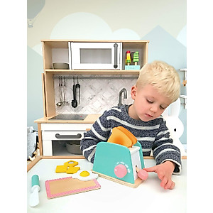 Toy Kitchen Wooden Pop-Up Toaster Play Set 10 Pcs, Interactive Early Learning Toaster, Exclusive Chopping Board, Knife, Poached Egg Honey Bear and Sliceable Butter, Fun and Colorful for Girls and Boys