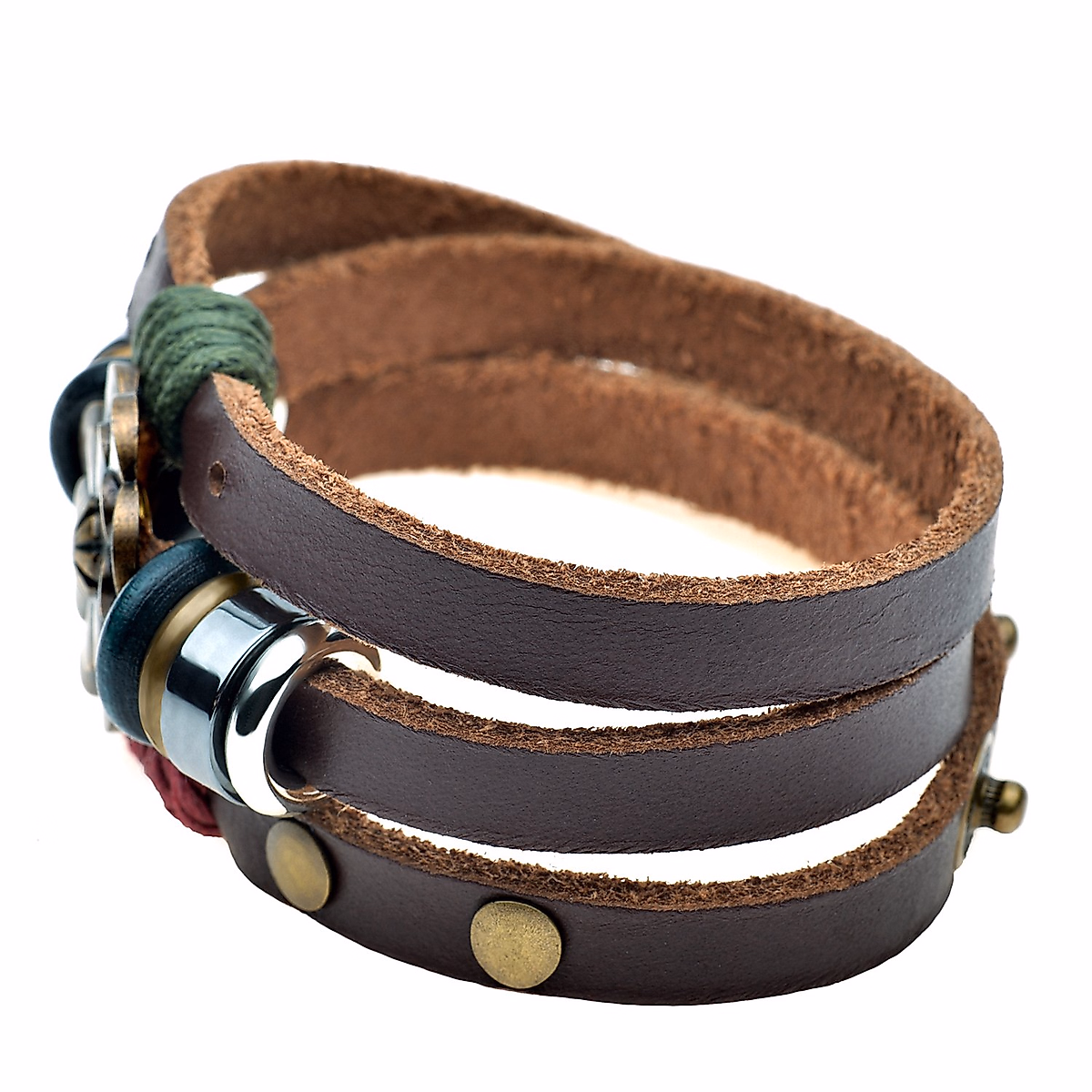 CELOKIY Women's Boho Brown Leather Wrap Bracelet with Brass/Bronze Lotus Flower Stack Trendy Jewelry