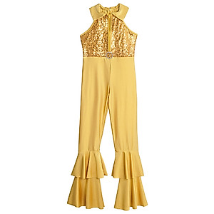 Aislor Girls Sequins Metallic One Piece Full Body Tank Unitard Zipper Back Bodysuit Dance Gymnastics Leotard Jumpsuit Gold 8 Years