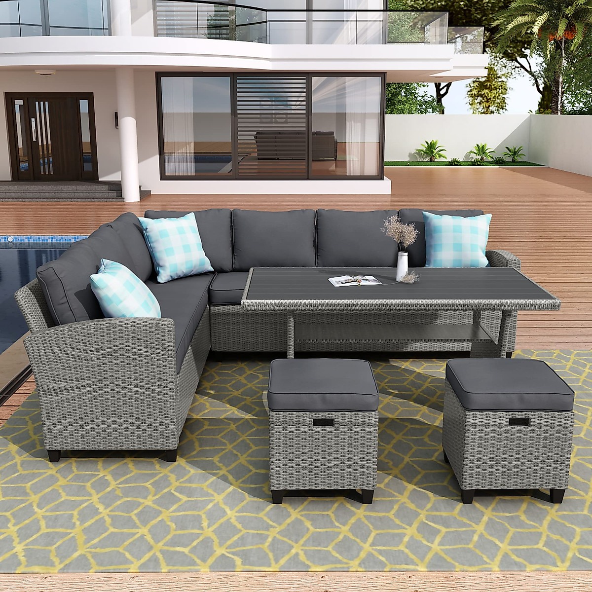 FANYE 5 Pieces All Weather Outdoor Patio Furniture Conversation Sets PE Wicker Rattan Sectional Couch Include 1 Table, 2 Sofas, 2 Ottomans and 3 Pillows Corner, Dark Gray