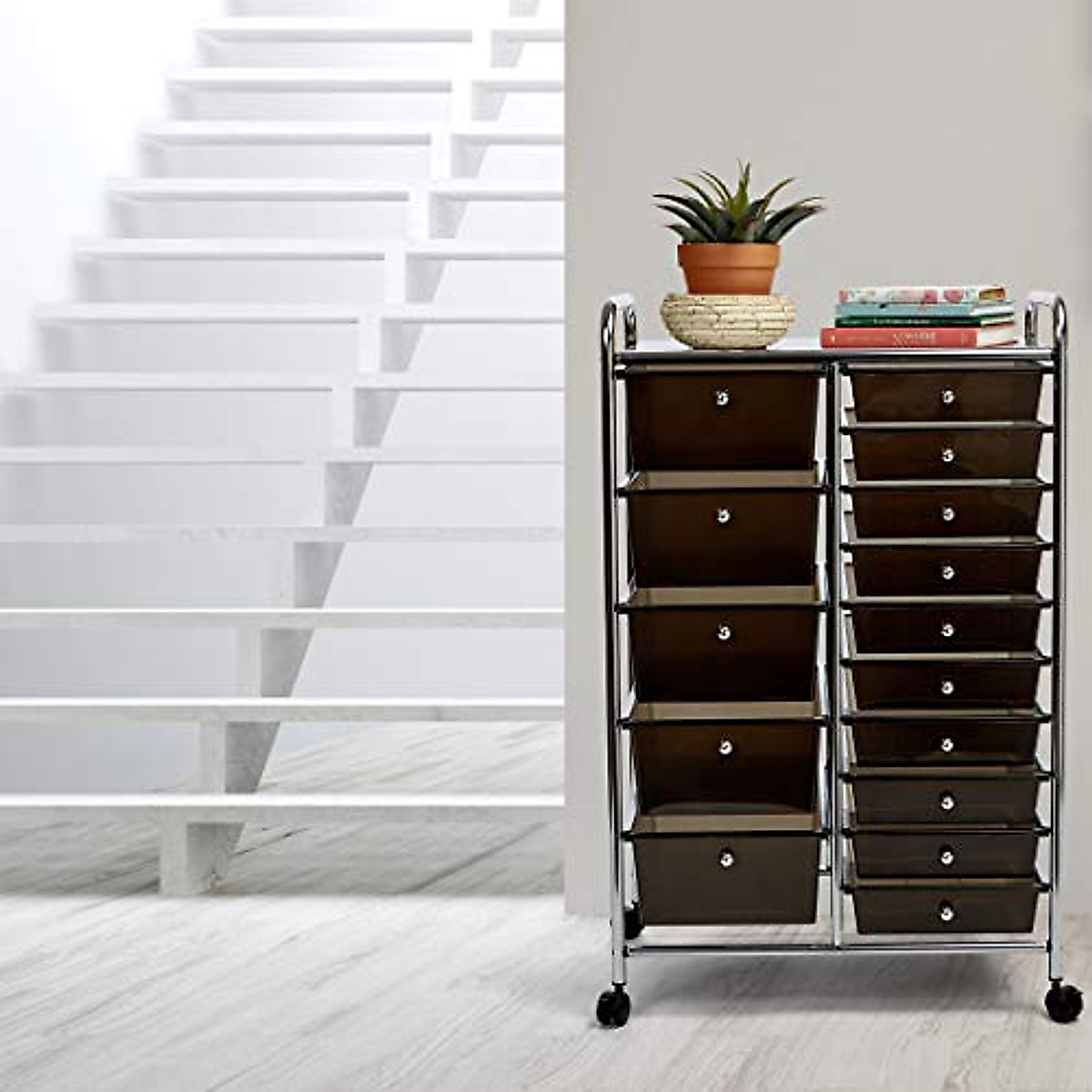 Seville Classics 15-Drawer Multipurpose Mobile Rolling Utility Storage Organizer Cart, Translucent Black