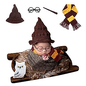 5 PCS Newborn Photography Props - Magic Wizard Witch Hat Scarf Wand Glasses Frame Owl Decoration, Newborn Photography Outfits,Halloween Cosplay Baby Photoshoot Props , Baby Halloween Photoshoot Props