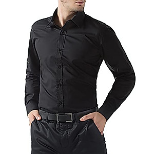 PJ PAUL JONES Men's Black Long Sleeve Button Down Dress Shirts Designer Slim Fit Dress Shirts Office Wear (Black,L)